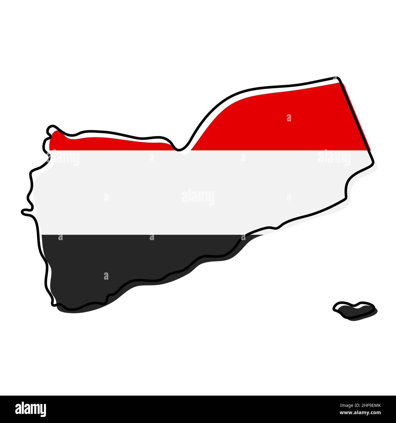Stylized outline map of Yemen with national flag icon. Flag color map ...