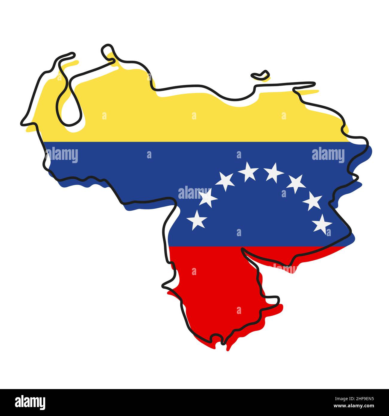 Stylized outline map of Venezuela with national flag icon. Flag color ...