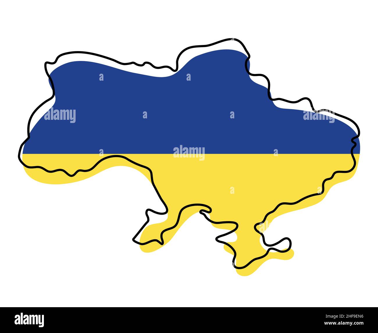 Stylized outline map of Ukraine with national flag icon. Flag color map ...