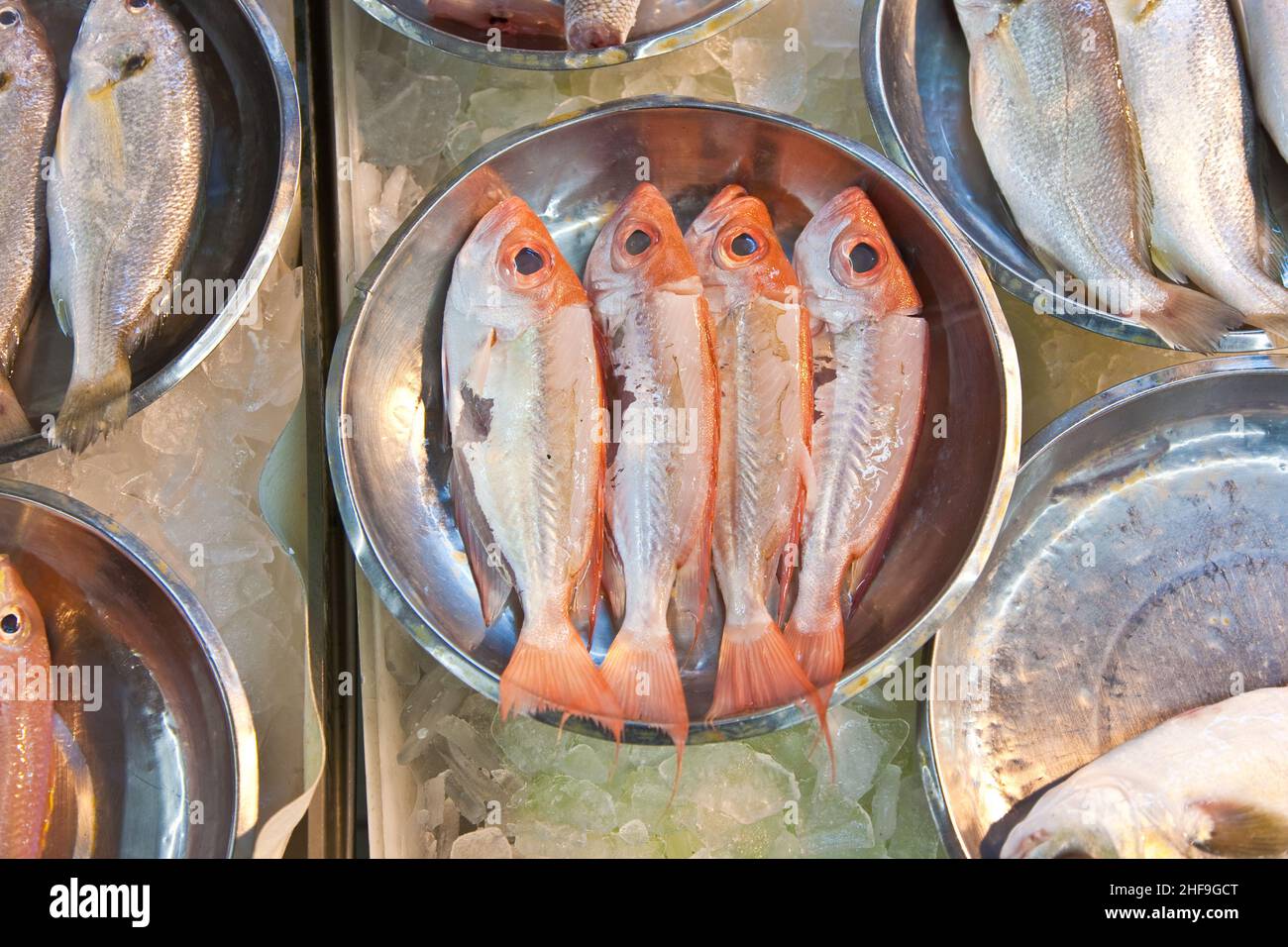 whole fresh fishes are offered in the fish market in asia Stock Photo ...