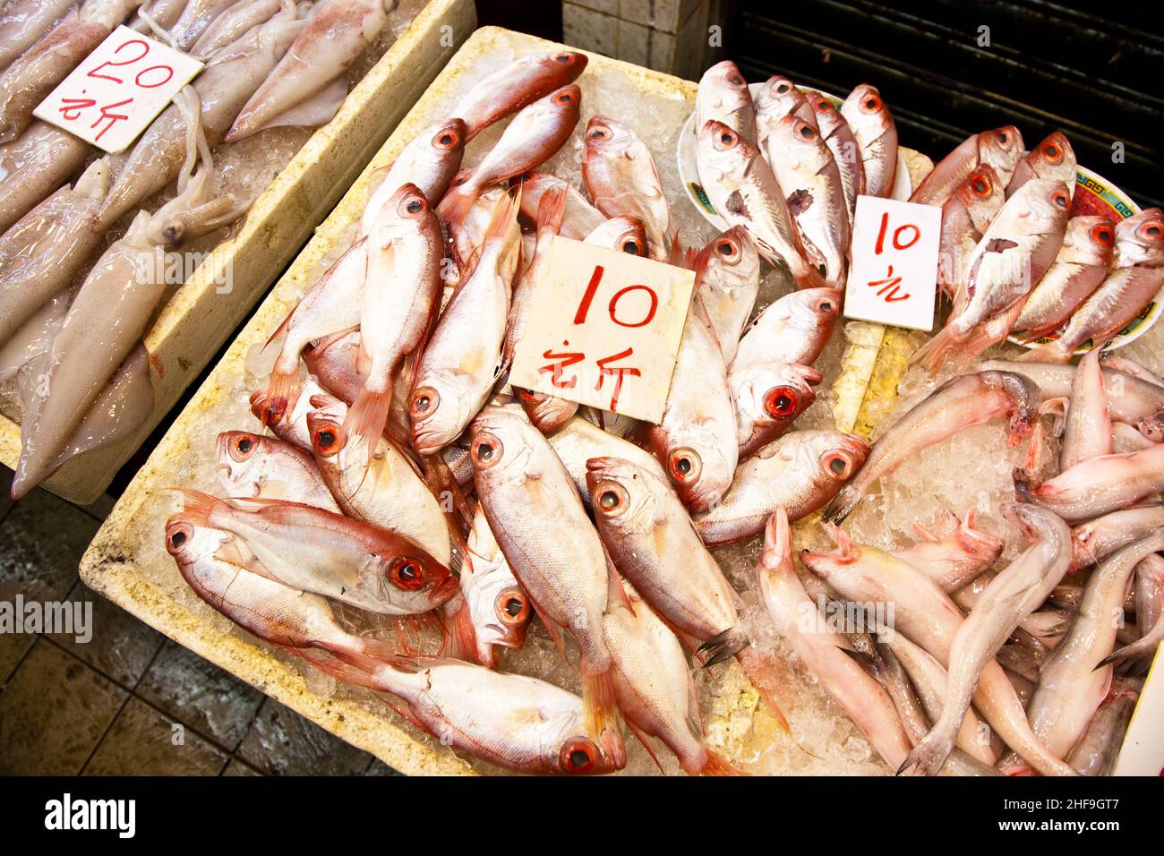 whole fresh fishes are offered in the fish market in asia Stock Photo ...