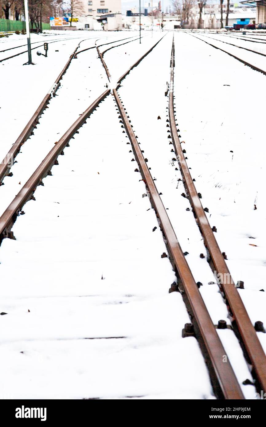 snowbound rails in winter with shunting switch Stock Photo - Alamy