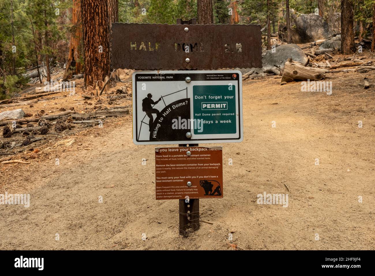 Half Dome Trail Sign indicates hikers need a permit to complete the ...