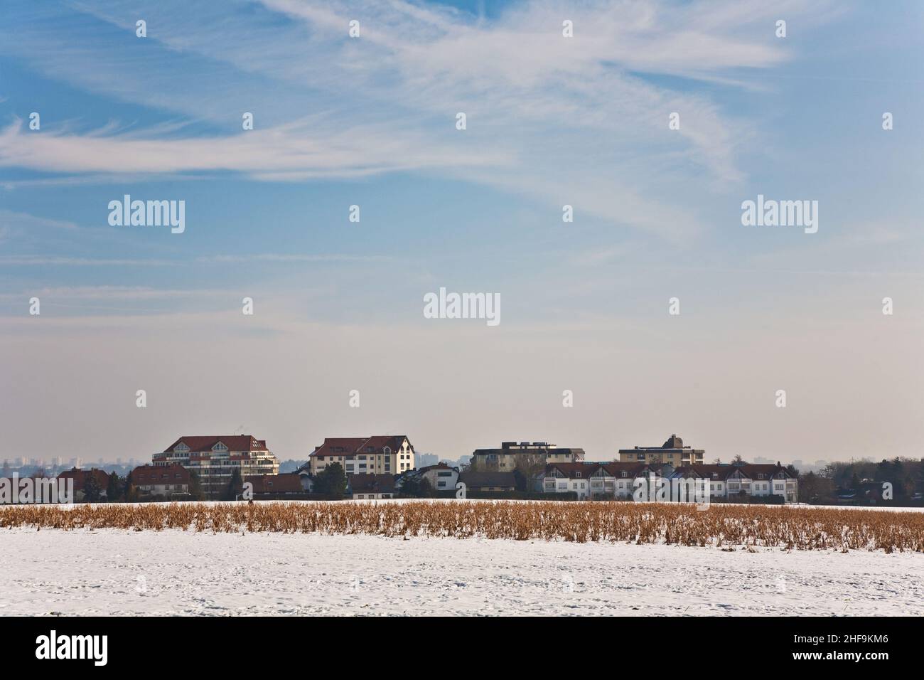 beautiful landscape with housing area in winter and blue sky Stock ...