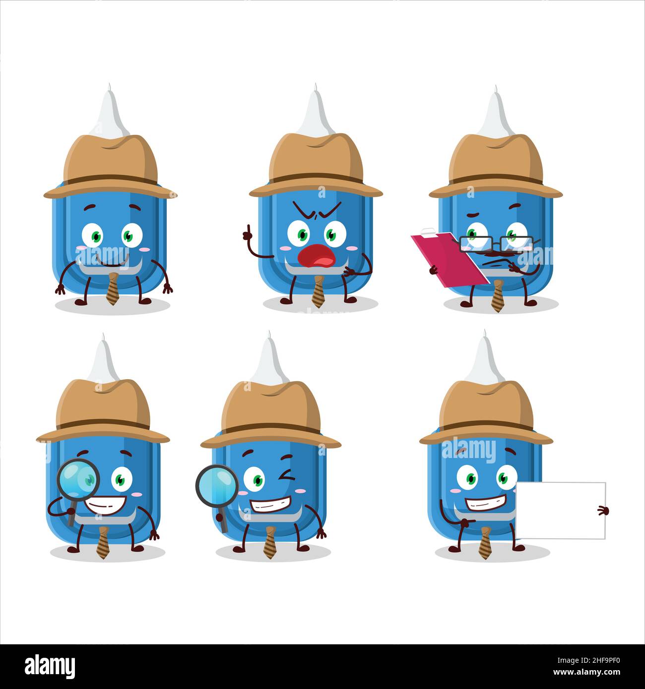 Detective blue correction pen cute cartoon character holding magnifying ...