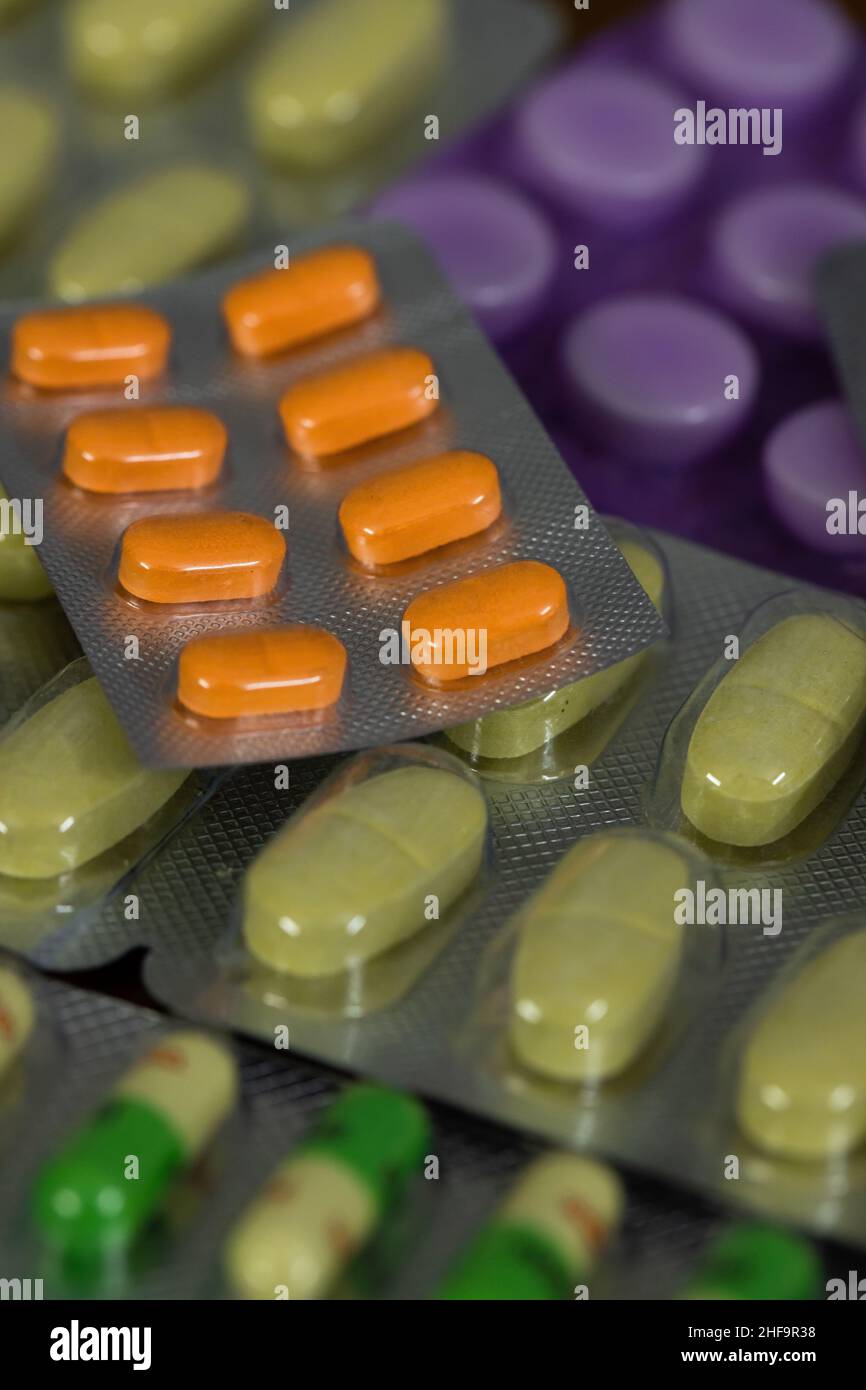Close up view of various types and colors of Allopathic medicines ...