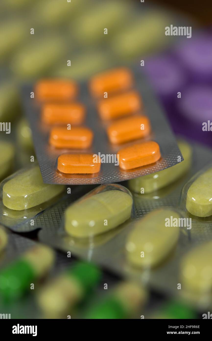 Close up view of various types and colors of Allopathic medicines ...