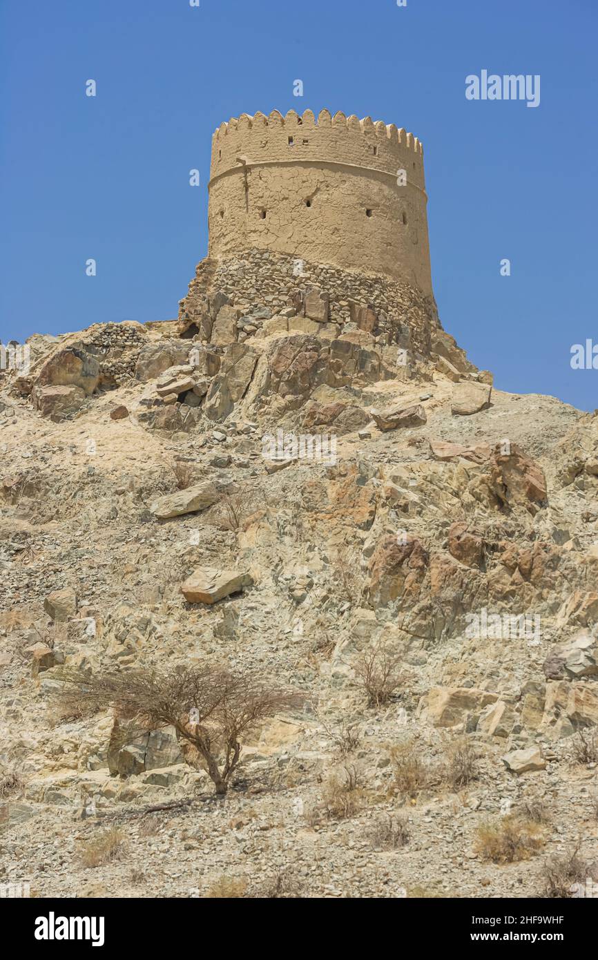 An old watchtower at Hatta in the Emirate of Dubai in the United Arab ...
