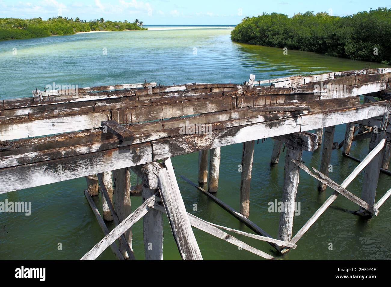 Decommissioned wooden bridge from mainland to Boca Paila Peninsula ...