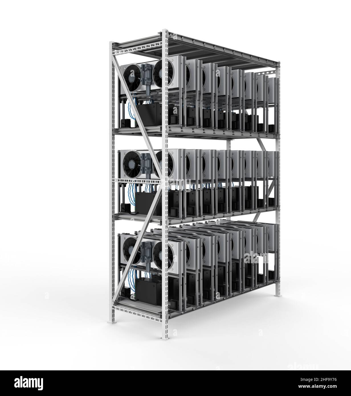 3d rendering crypto mining farm with graphic card or gpu rack on white ...