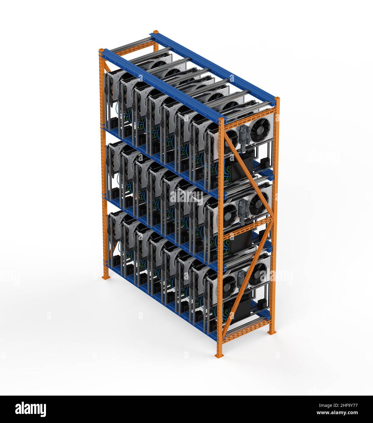 3d rendering crypto mining farm with graphic card or gpu rack on white ...