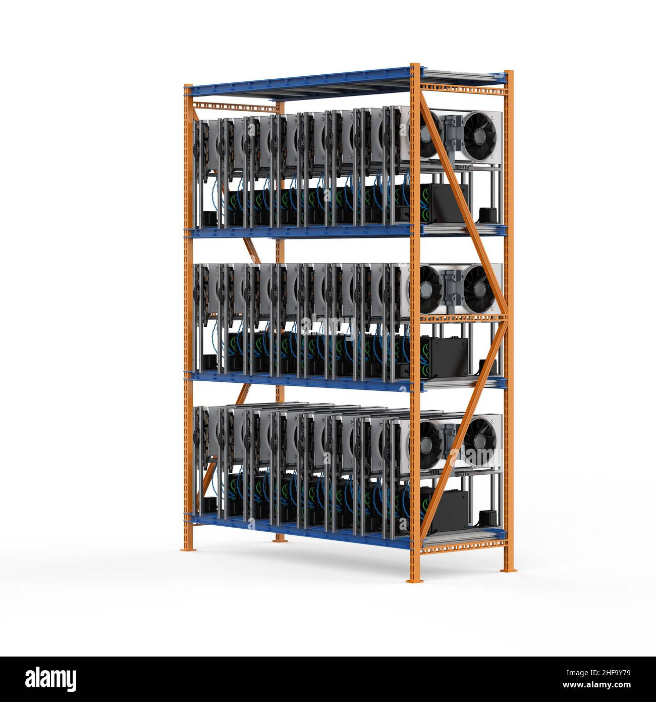 3d rendering crypto mining farm with graphic card or gpu rack on white ...