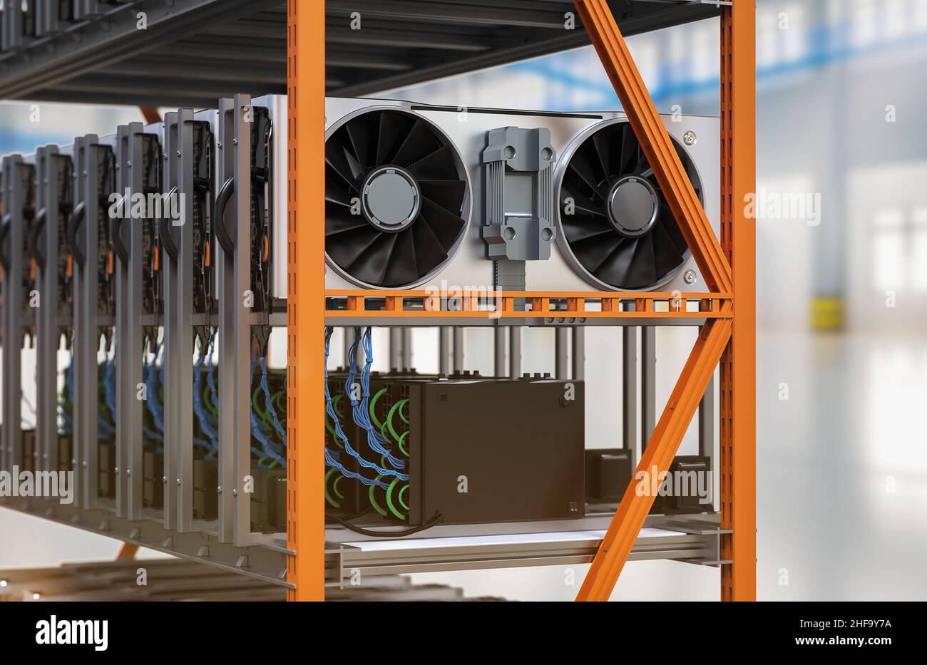 3d rendering crypto mining farm with graphic card or gpu rack in ...