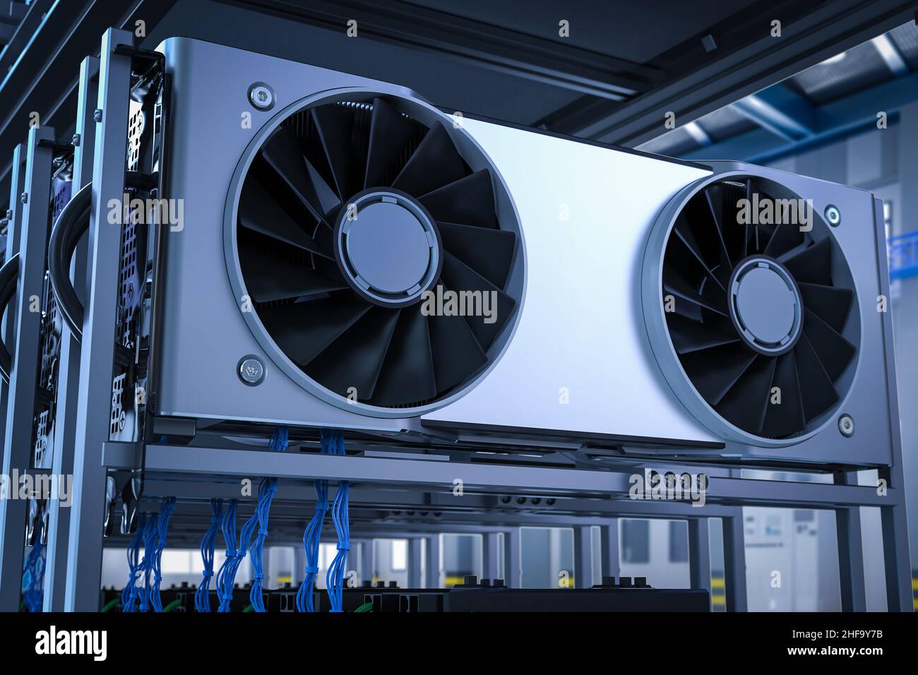 3d rendering crypto mining farm with graphic card or gpu rack in ...