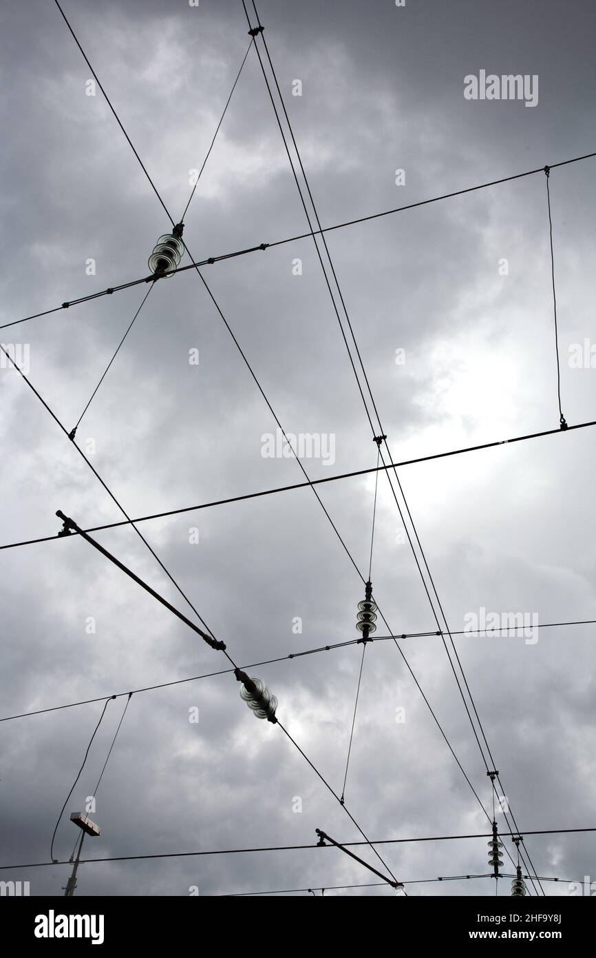 railway wire of the high tension line Stock Photo - Alamy