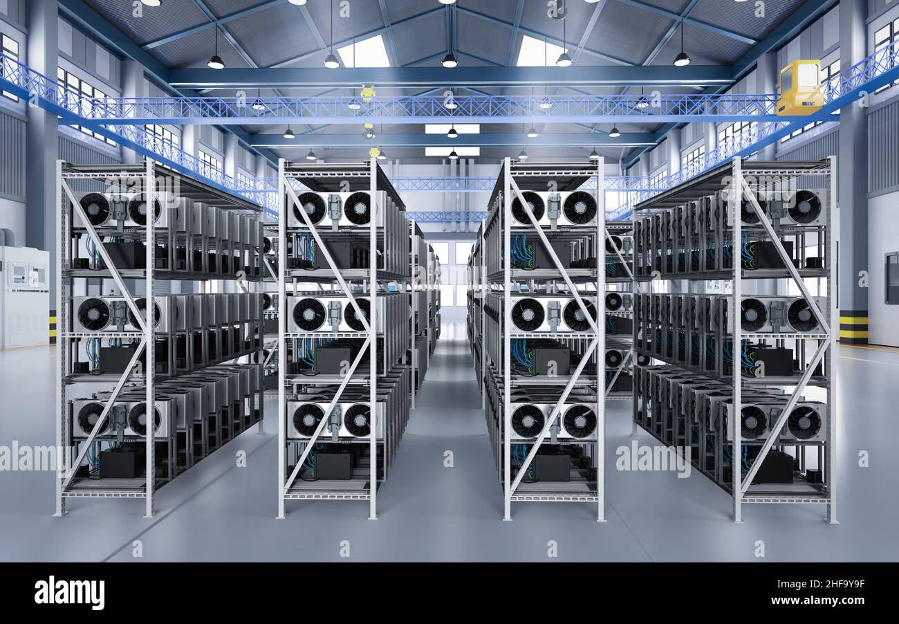 3d rendering crypto mining farm with graphic card or gpu rack in ...