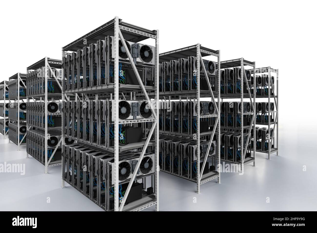 3d rendering crypto mining farm with graphic card or gpu rack on white ...