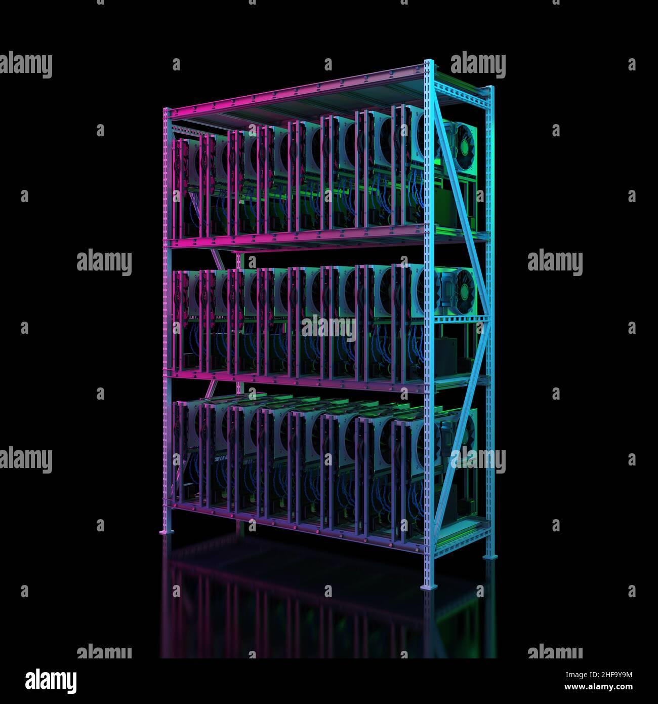 3d rendering crypto mining farm with graphic card or gpu rack in neon ...