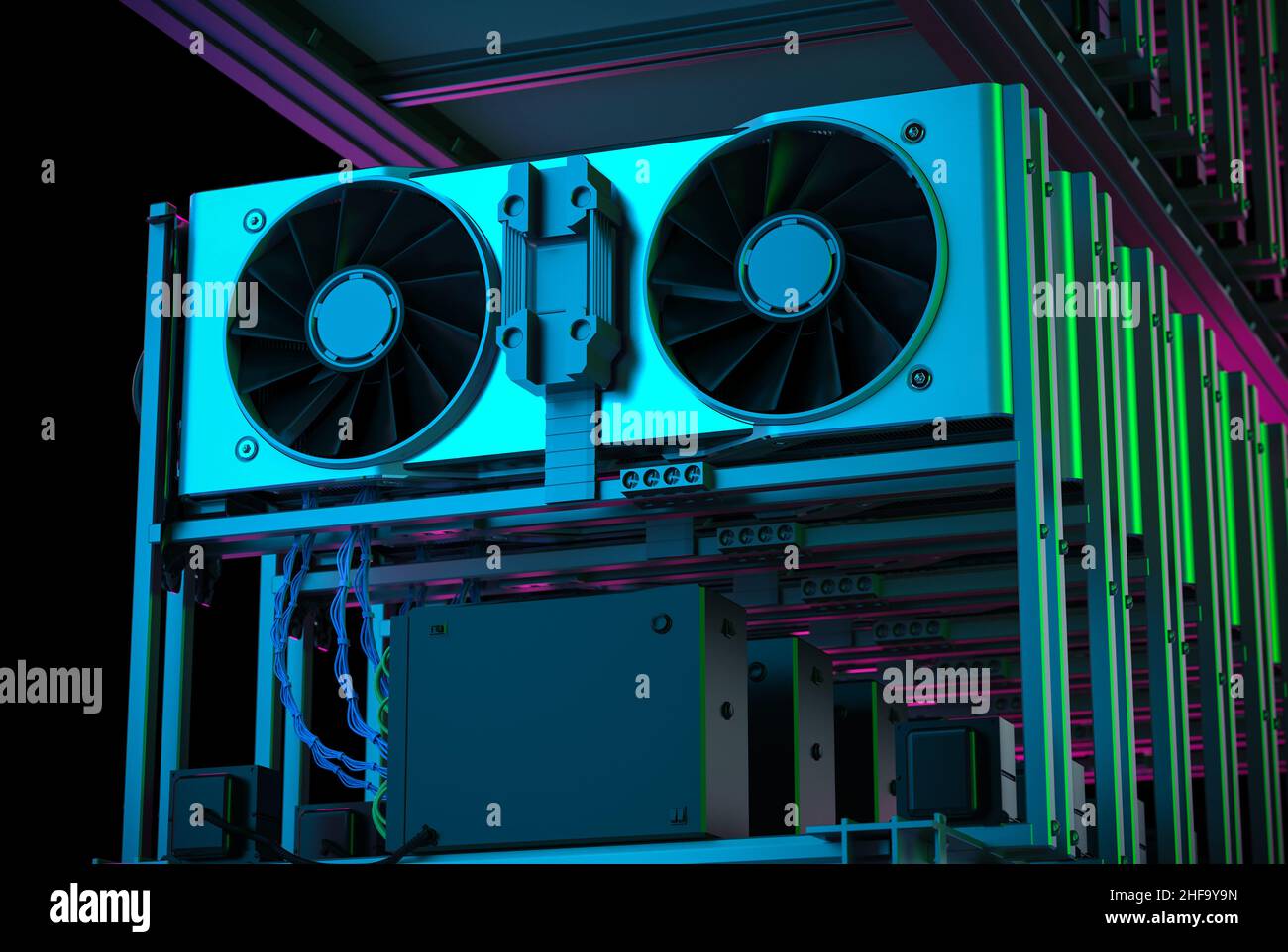 3d rendering crypto mining farm with graphic card or gpu rack in neon ...