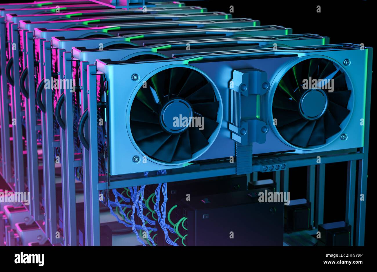 3d rendering crypto mining farm with graphic card or gpu rack in neon ...