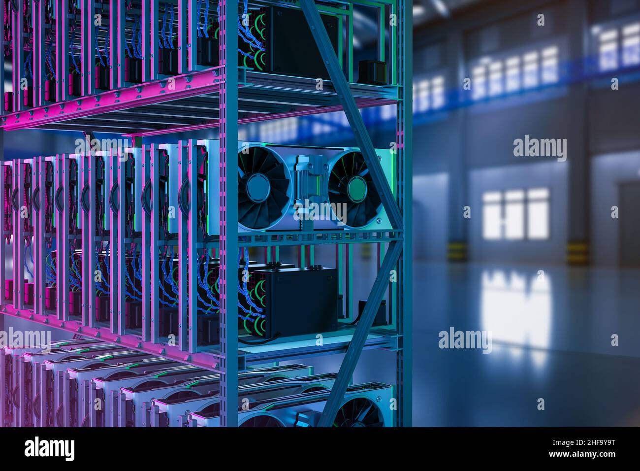 3d rendering crypto mining farm with graphic card or gpu rack in neon ...