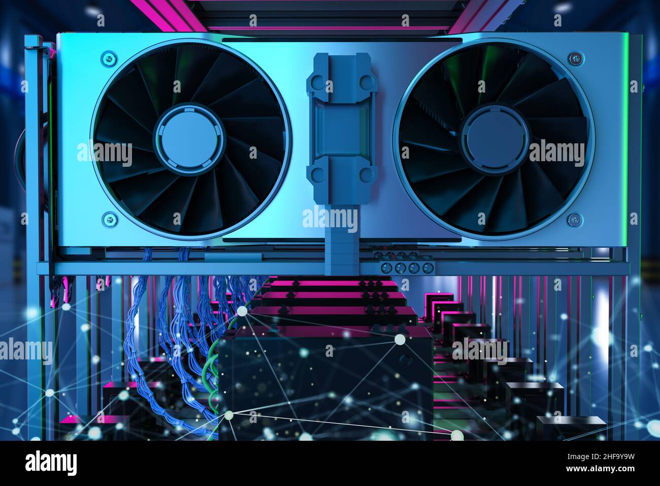 3d rendering crypto mining farm with graphic card or gpu rack in neon ...