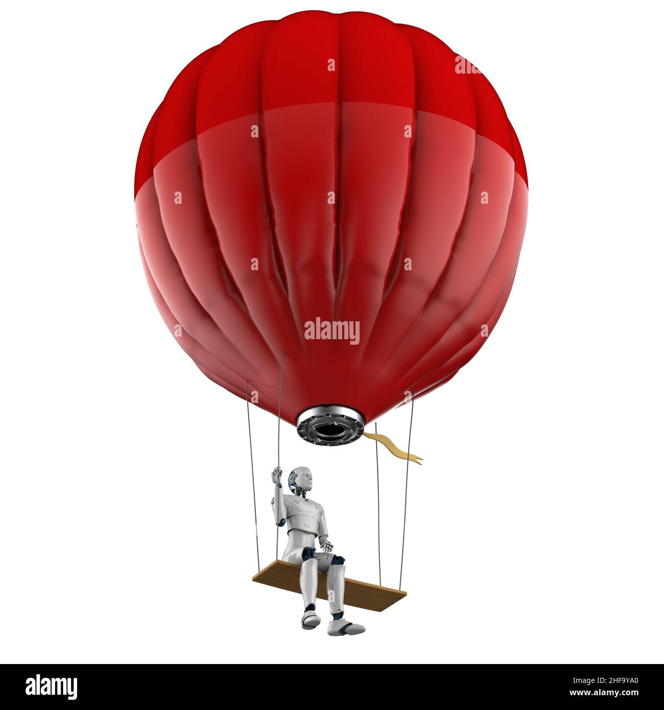 3d rendering robot on red hot air balloon with swing isolated on white ...