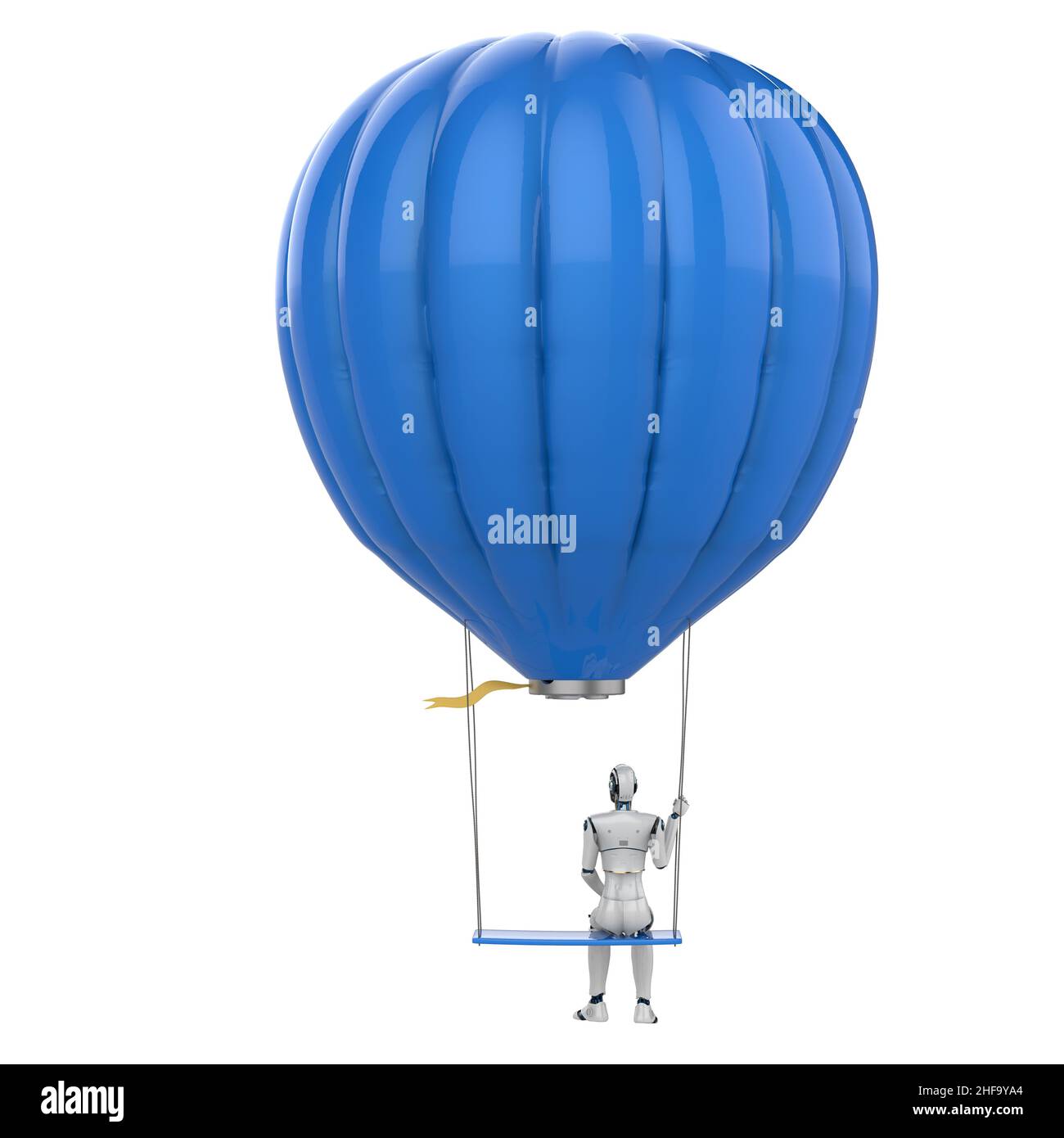 3d rendering robot on blue hot air balloon with swing isolated on white ...