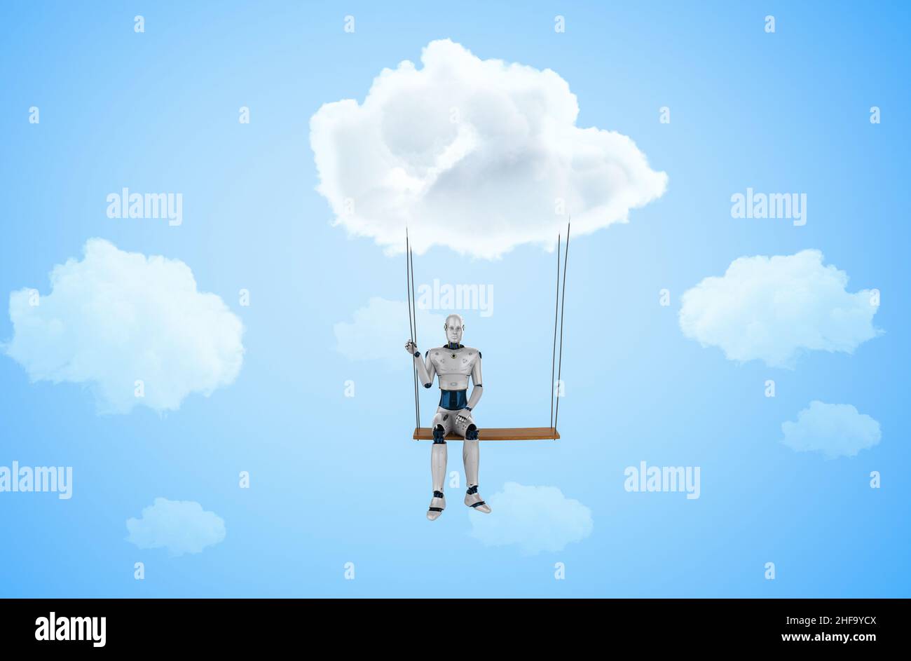 3d rendering ai robot on swing with cloudy sky Stock Photo - Alamy