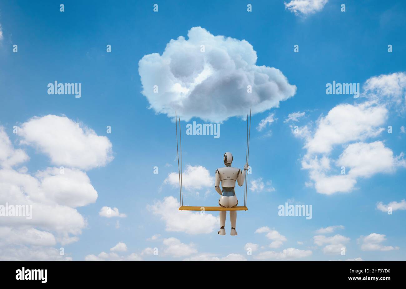 3d rendering ai robot on swing with cloudy sky Stock Photo - Alamy
