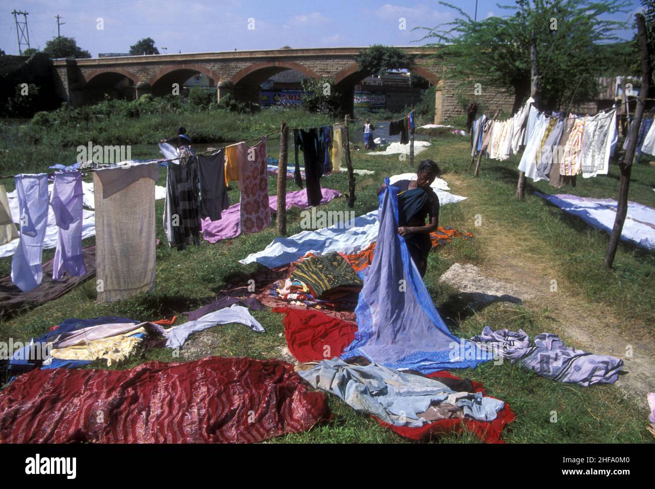 Laundry day with washing, rural scene in Tamil Nadu India Stock Photo ...