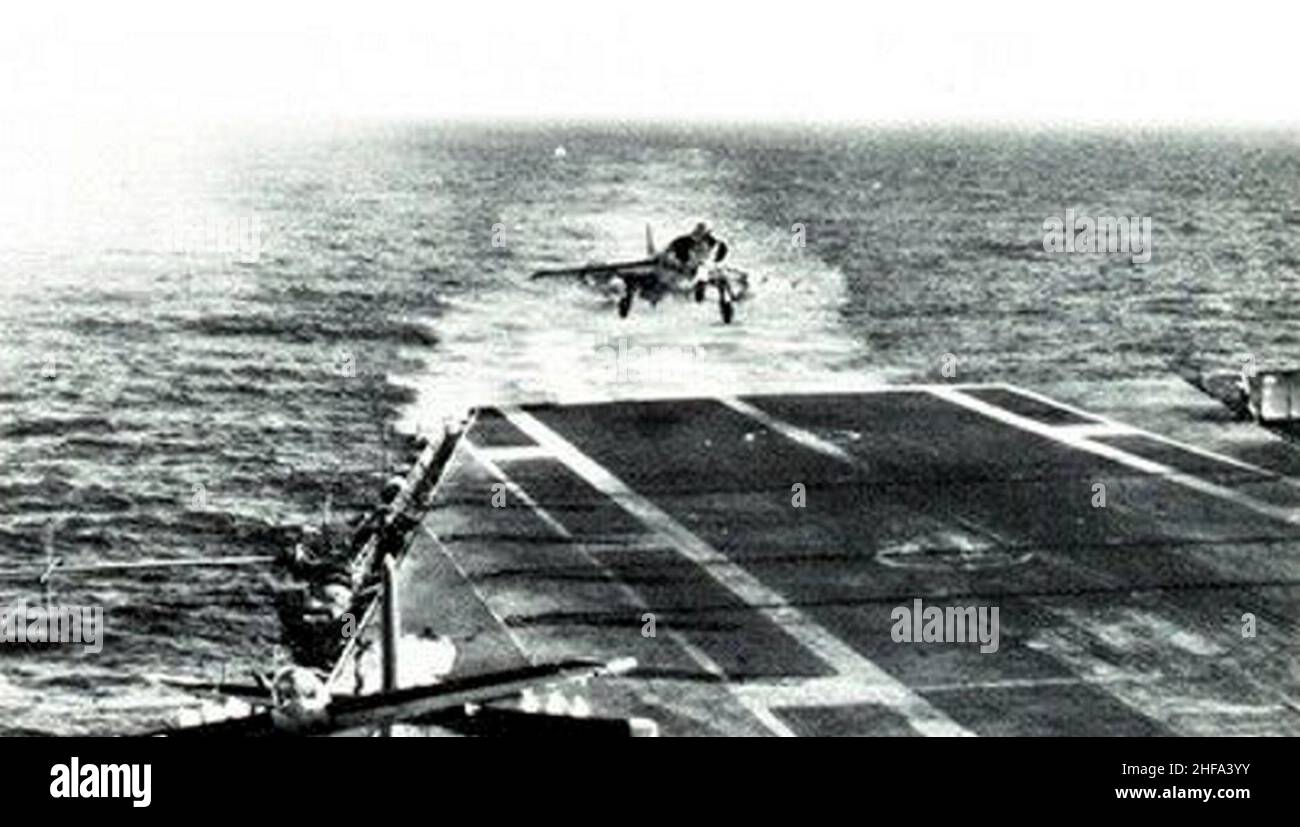 Scimitar F1 of 800 NAS landing on USS Essex (CVS-9) in November 1963 ...