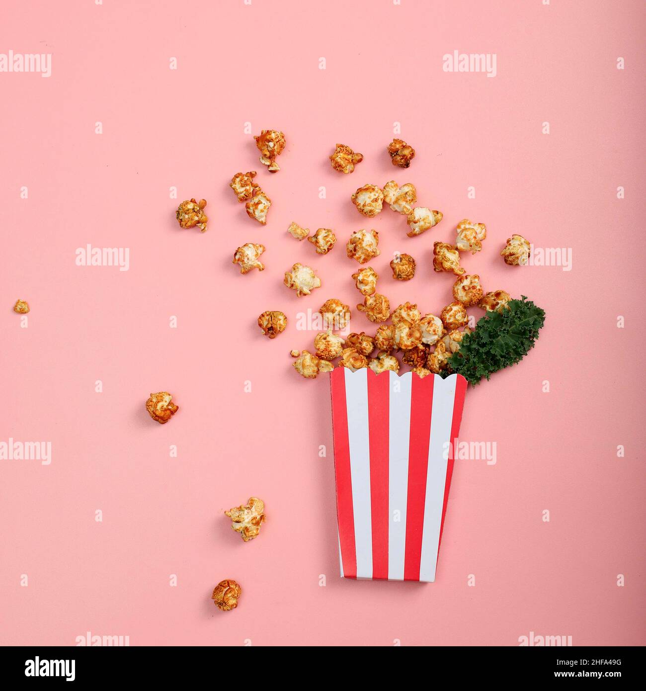 Top View Kale Popcorn for Kids with Pink Concept, Copy Space for text ...