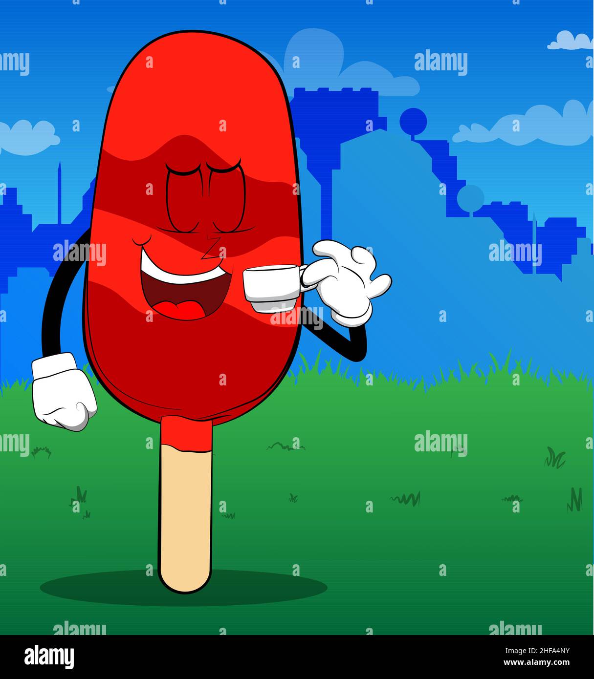 Ice Cream drinking coffee. Summer refreshment, sweet food as a cartoon ...