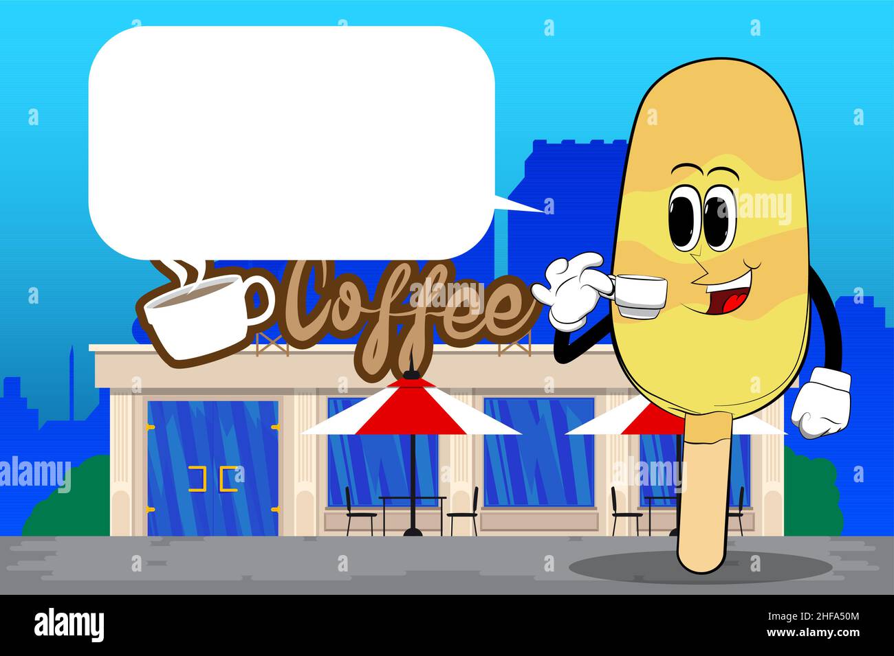 Ice Cream drinking coffee. Summer refreshment, sweet food as a cartoon ...