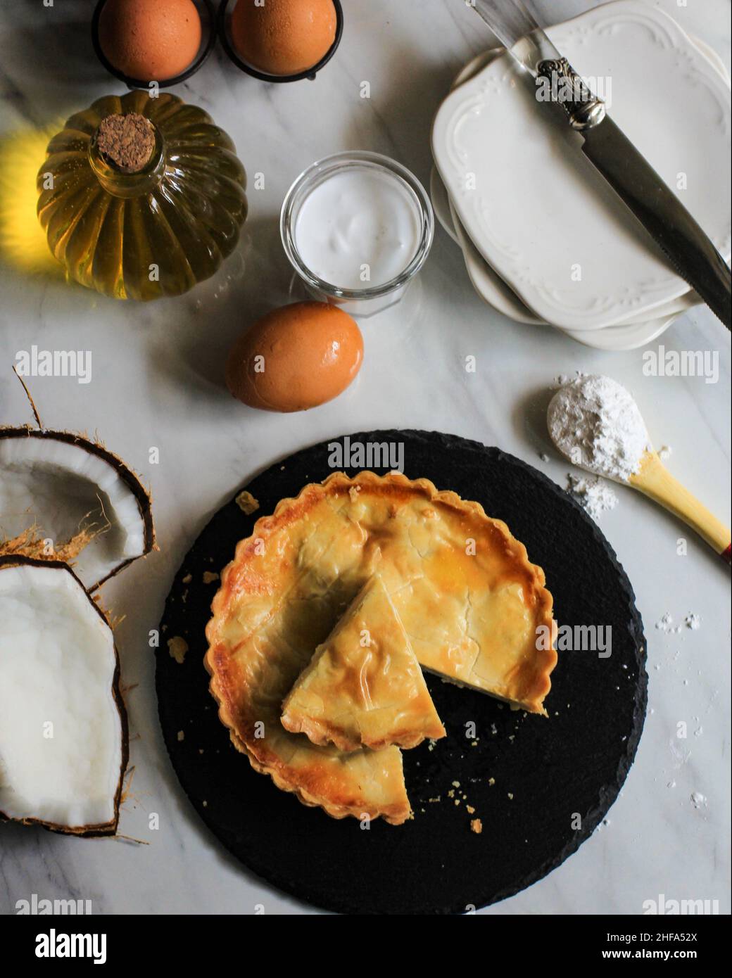 Selected Focus Coconut Pie, Sliced in Triangle. Made from Butter and ...
