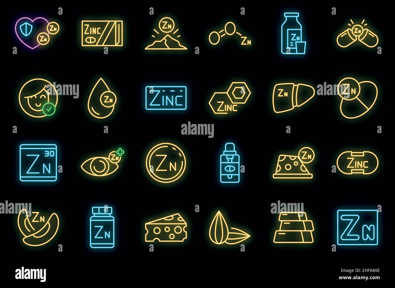 Zinc icons set outline vector. Mineral supplement. Vitamin food Stock ...