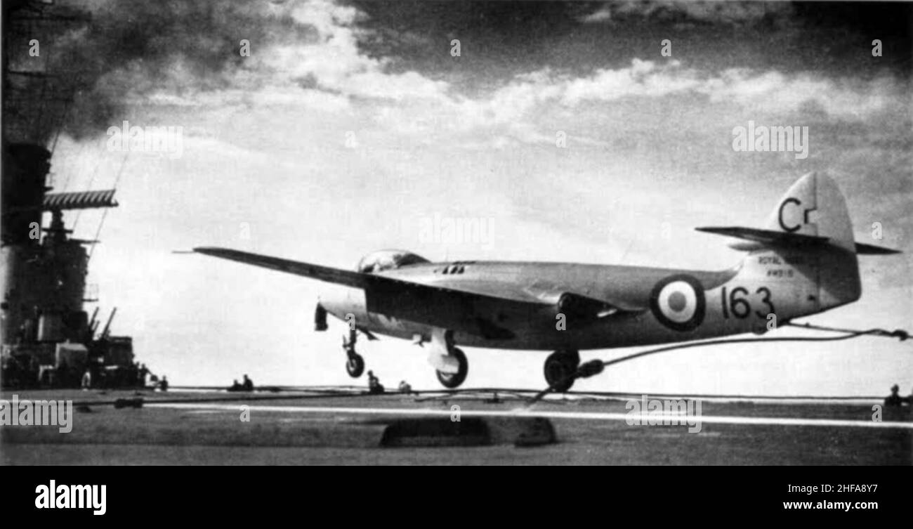 Sea Hawk landing on HMS Centaur (R06) 1956 Stock Photo - Alamy