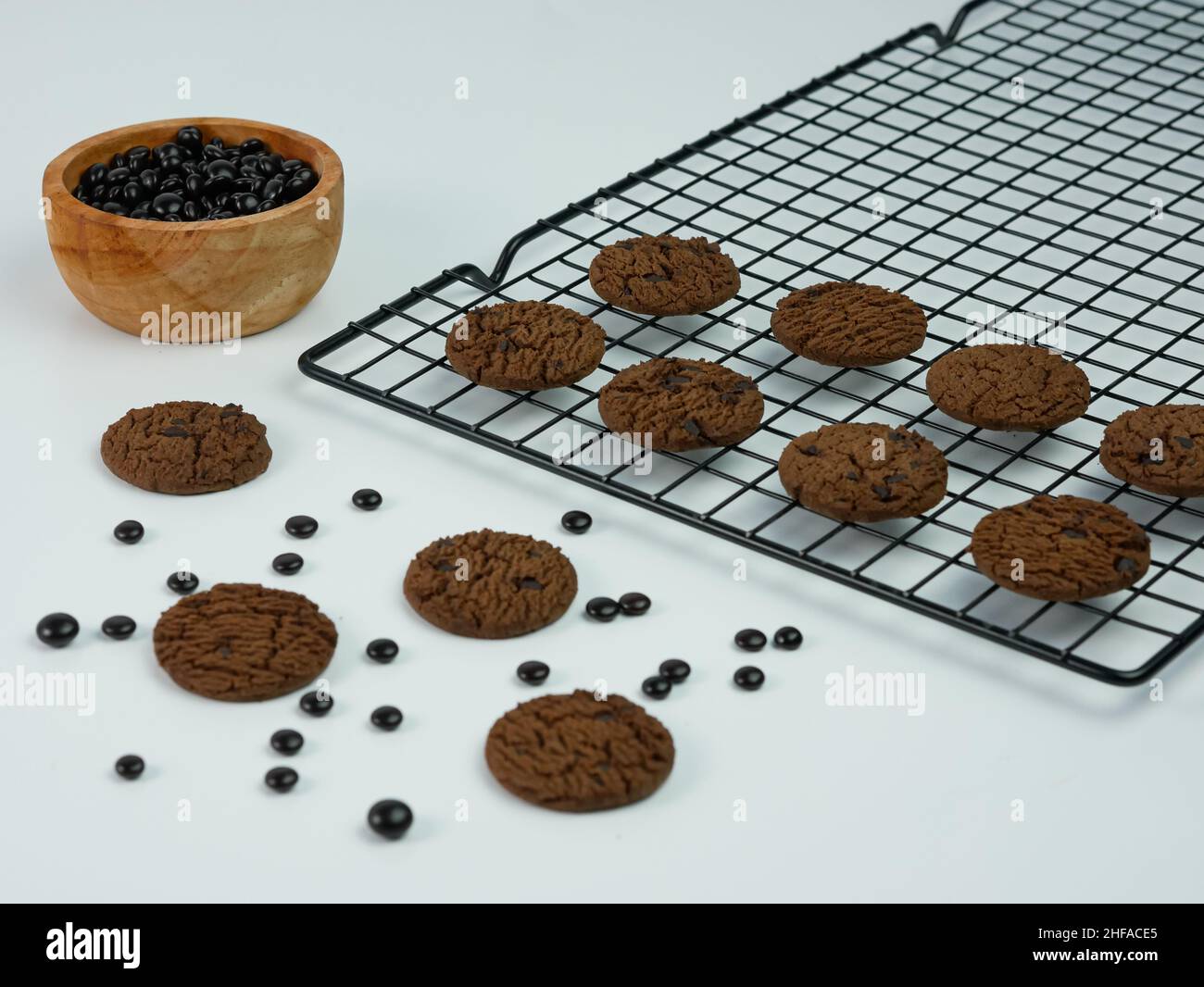 collection of Chocolate chip cookies on cooling rack. teatime morning ...