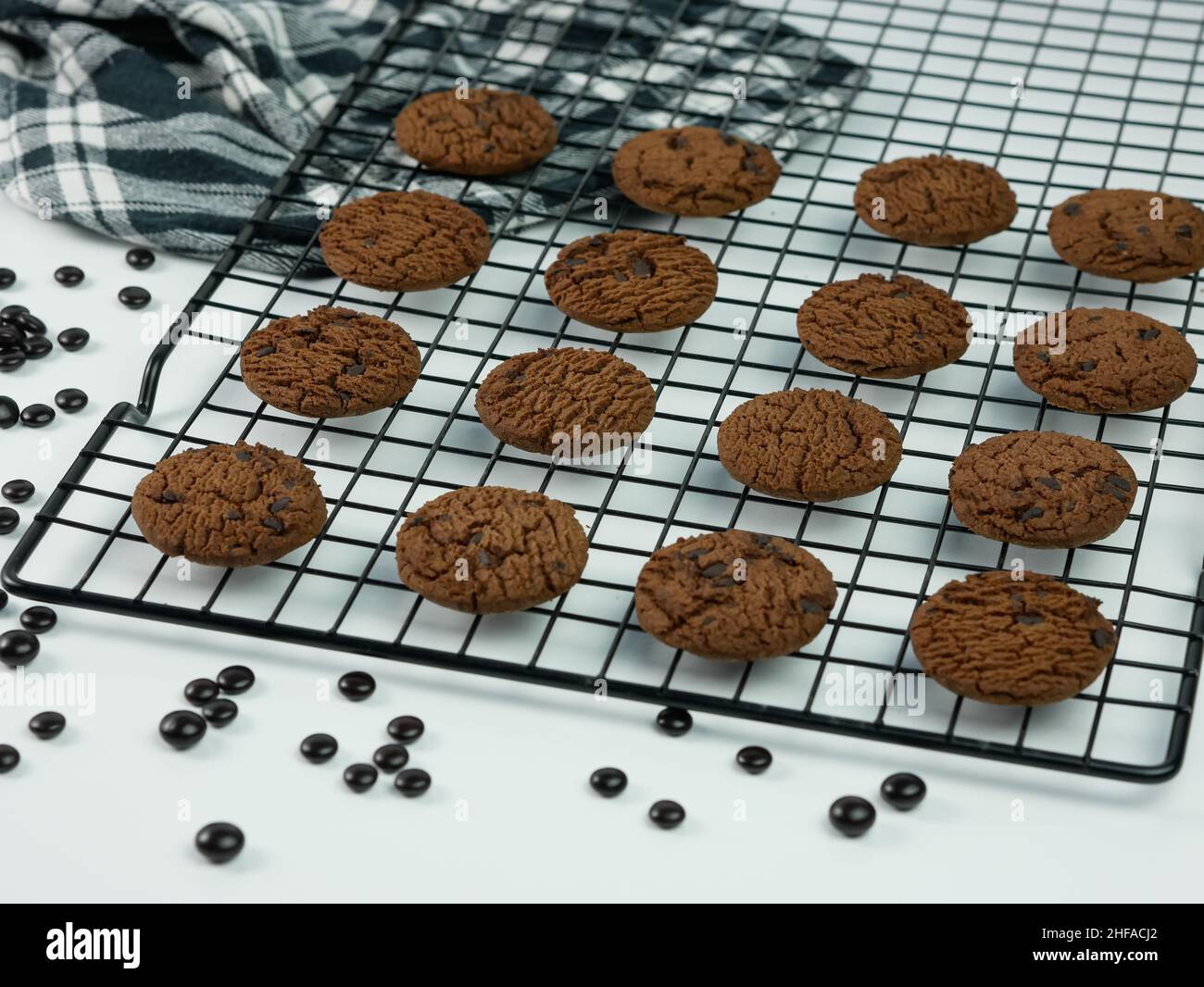 collection of Chocolate chip cookies on cooling rack. teatime morning ...