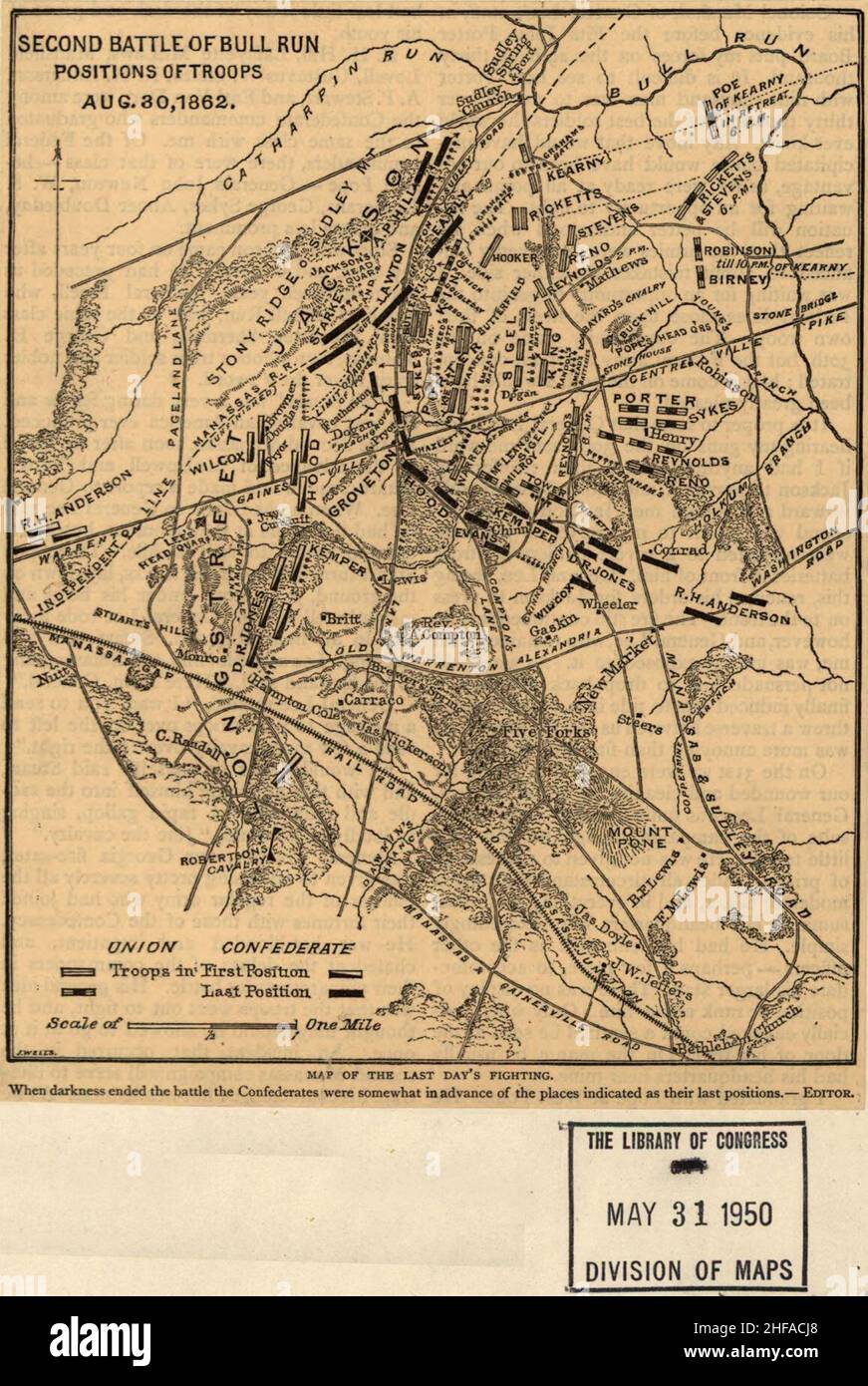 Second battle of Bull Run. Positions of troops Aug. 30, 1862 Stock ...