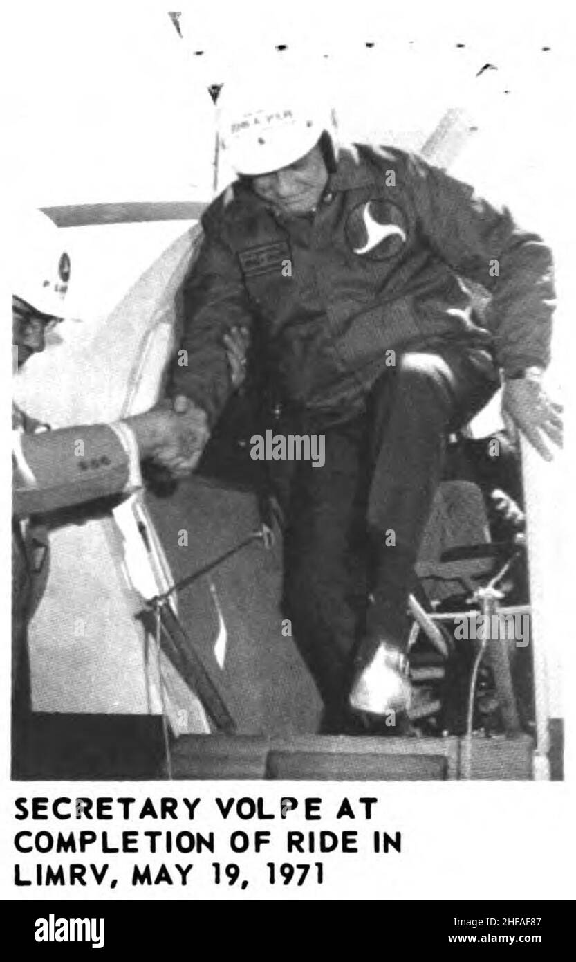 Secretary Volpe at completion of ride in LIMRV, May 19, 1971 Stock ...