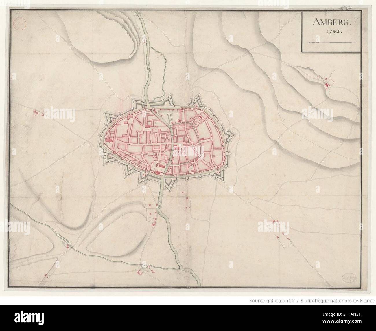 Schematische Karte von Amberg mit seinen Verteidigungsanlagen - 1742 ...