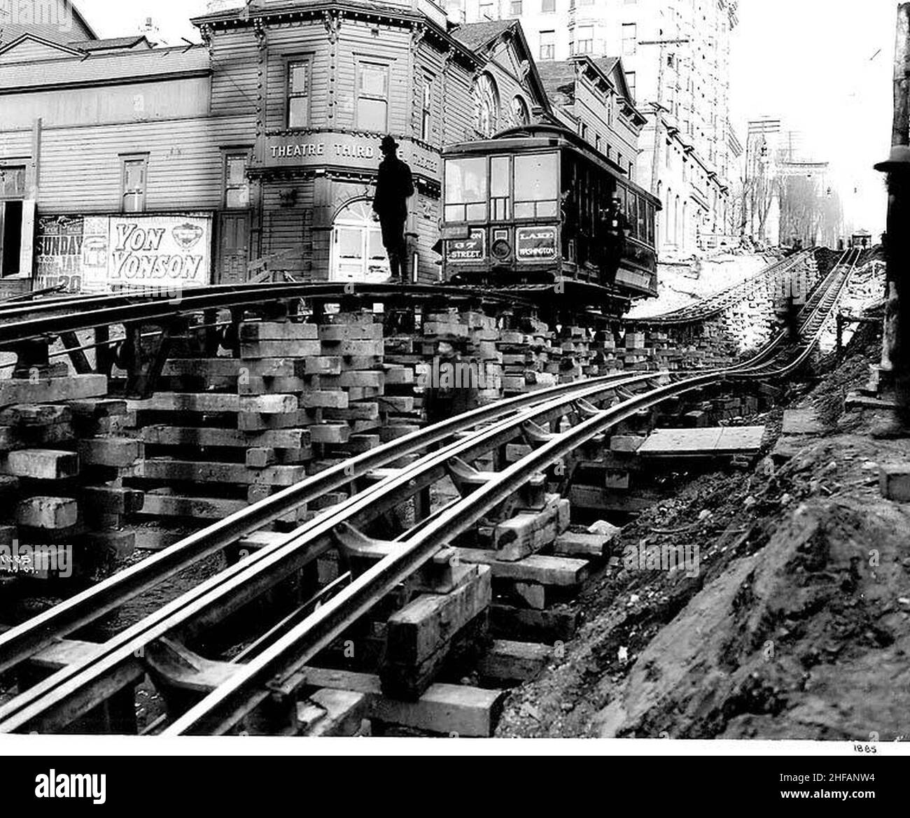 Seattle Electric Co, Madison Street cable car on wooden cribwork during ...