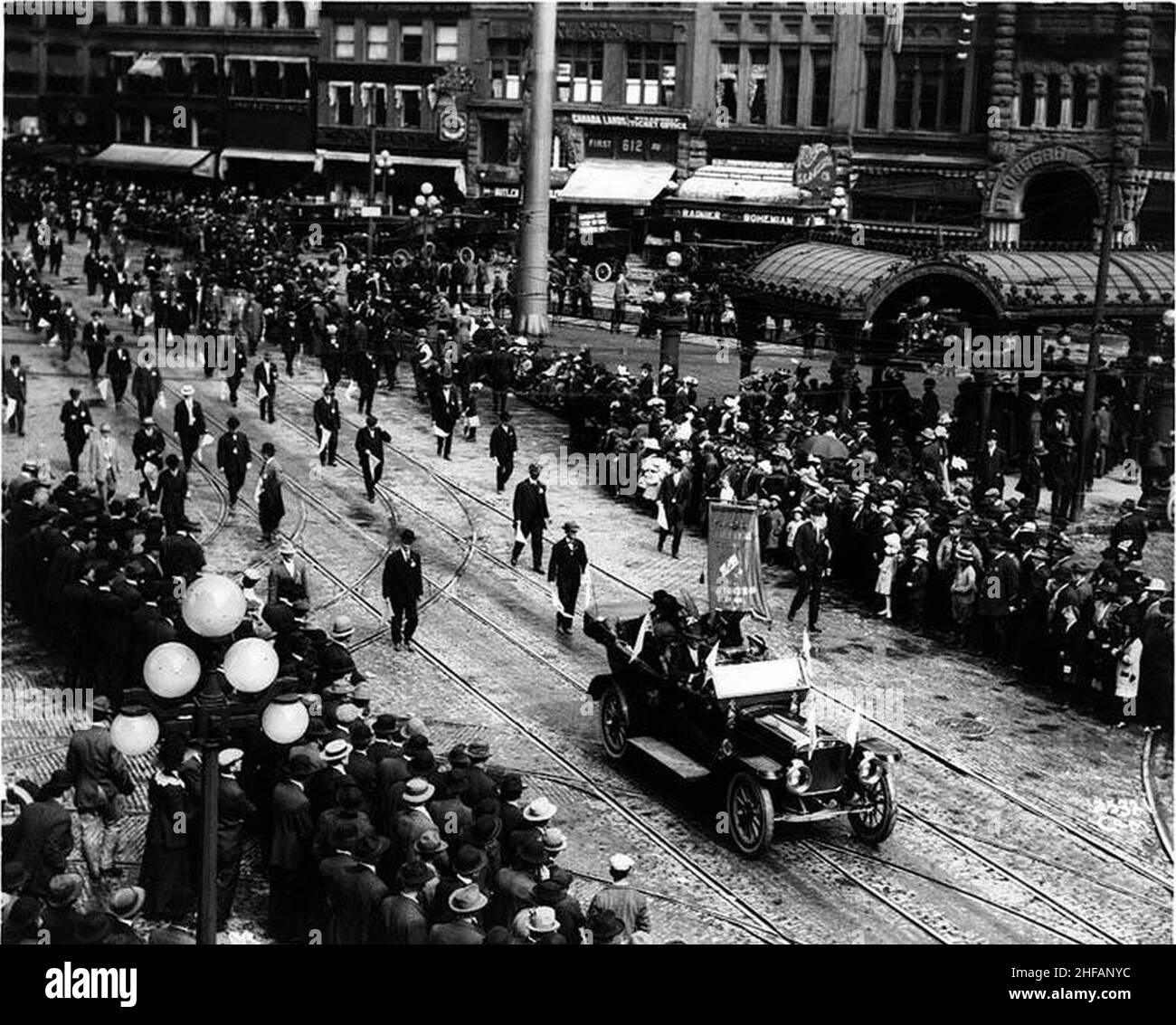 Seattle Trade Union contingent marching south on 1st Ave in Labor Day ...