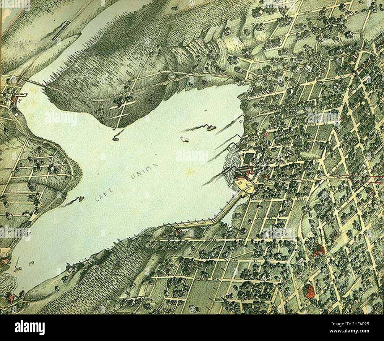 Section of bird's-eye map of Seattle depicting Lake Union and vicinity ...