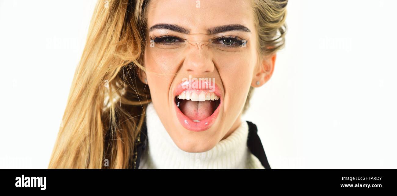 Crazy woman screaming and shouting. Human emotions, facial expression ...