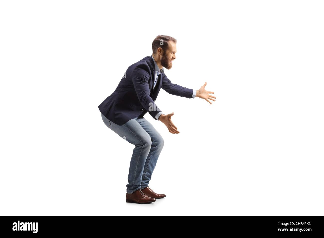 Full length profile shot of a man waiting with arms wide open isolated ...