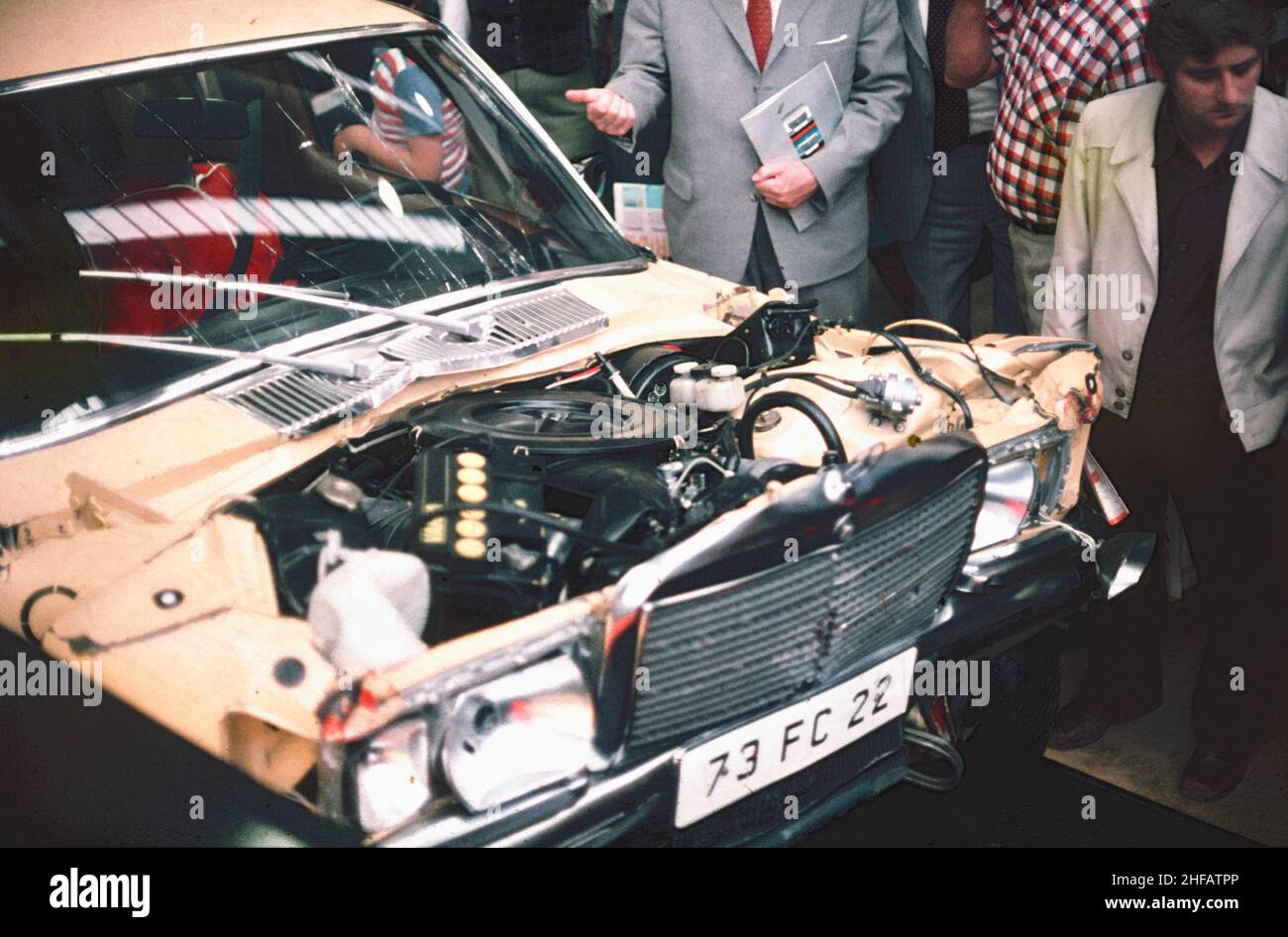A Mercedes Benz S-Class, which has been used in a crash test displayed ...