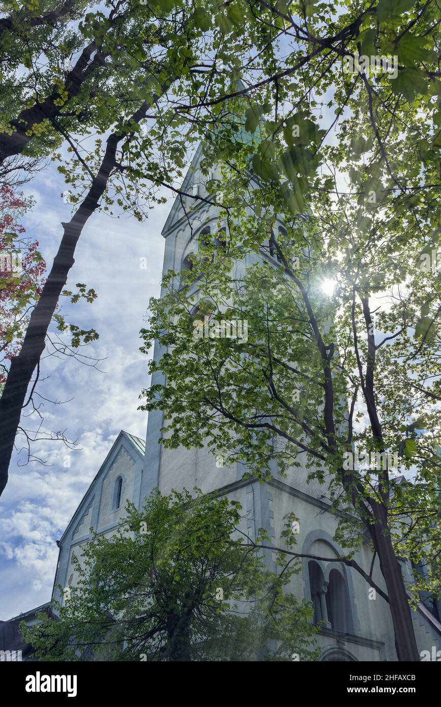 exterior of Kaliningrad Puppet Theatre with beaming sun rays and spring ...